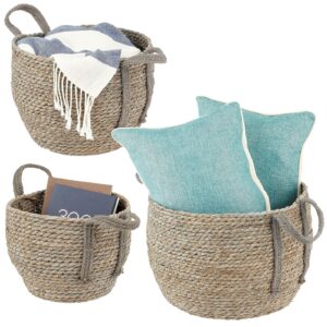 mdesign round braided seagrass woven storage basket with jute handles - rope weave circle-shaped basket bin for shoe storage in entryway, organizing playroom toys, and laundry - set of 3 - gray wash