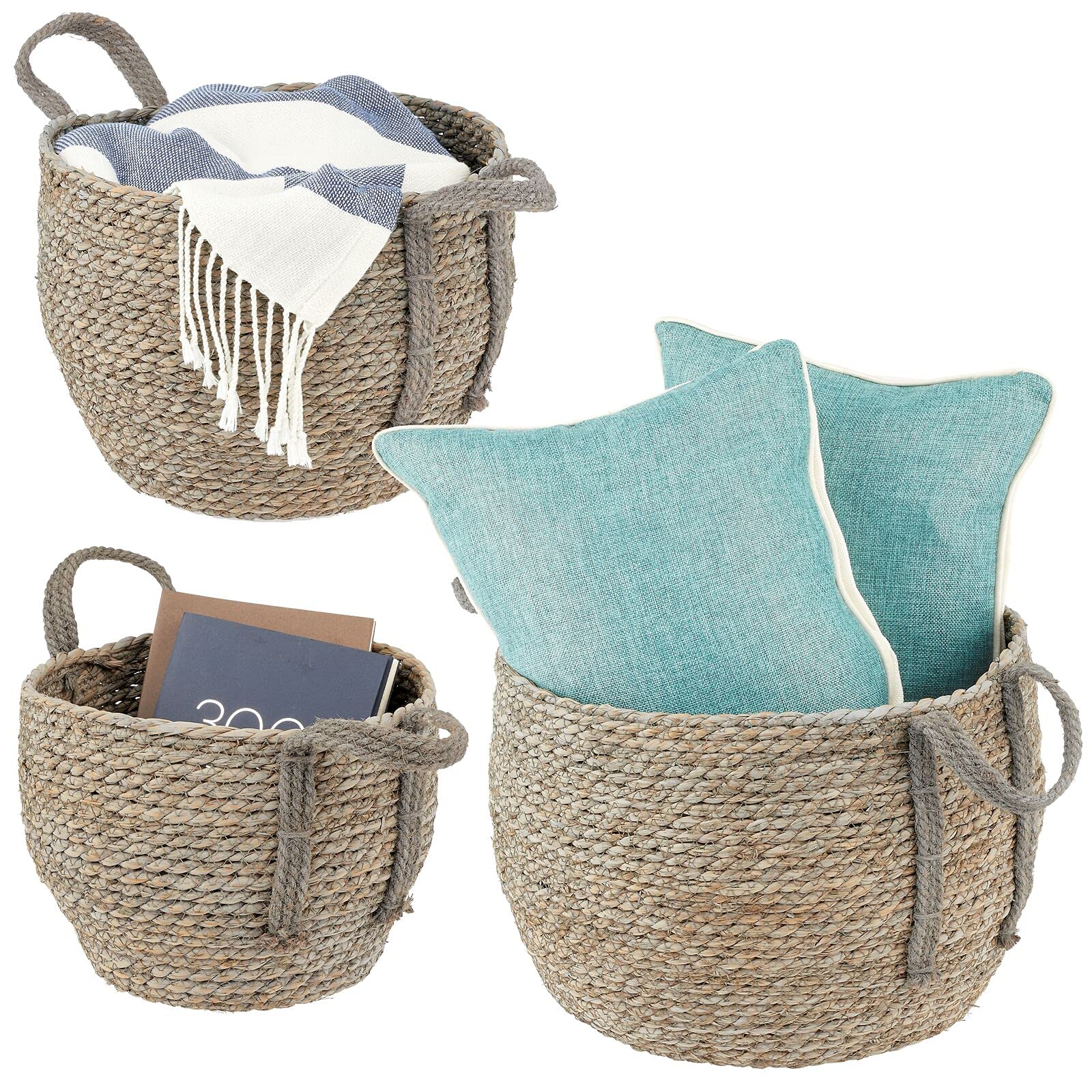 mDesign Round Braided Seagrass Woven Storage Basket with Jute Handles - Rope Weave Circle-Shaped Basket Bin for Shoe Storage in Entryway, Organizing Playroom Toys, and Laundry - Set of 3 - Gray Wash