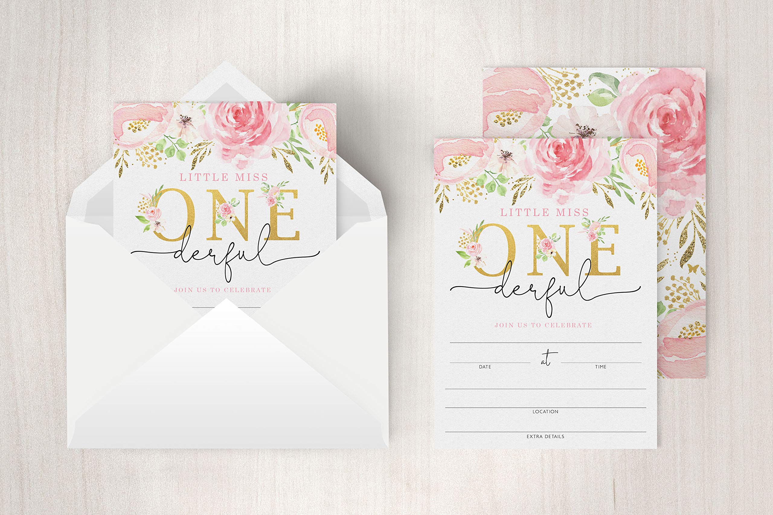 Your Main Event Prints Little Miss ONEderful First Birthday Invitations With Flowers and Butterflies - 20 Invitations - Envelopes Not Included