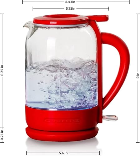 OVENTE Electric Glass Kettle 1.5 Liter 1500W Instant Hot Water Boiler Heater with ProntoFill Tech, Boil-Dry Protection, Automatic Shut Off, Fast Boiling for Tea & Coffee, Red KG516R