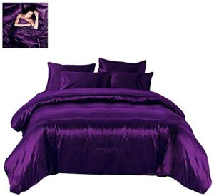 muskan collection in luxurious soft satin 5 piece (1 flat sheet + 1 fitted sheet + 1 duvet cover + 2 pillow cases) bed sheet set with 18 inches deep pocket (queen, purple)