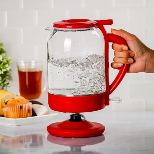 OVENTE Electric Glass Kettle 1.5 Liter 1500W Instant Hot Water Boiler Heater with ProntoFill Tech, Boil-Dry Protection, Automatic Shut Off, Fast Boiling for Tea & Coffee, Red KG516R