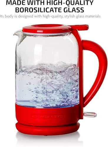 OVENTE Electric Glass Kettle 1.5 Liter 1500W Instant Hot Water Boiler Heater with ProntoFill Tech, Boil-Dry Protection, Automatic Shut Off, Fast Boiling for Tea & Coffee, Red KG516R