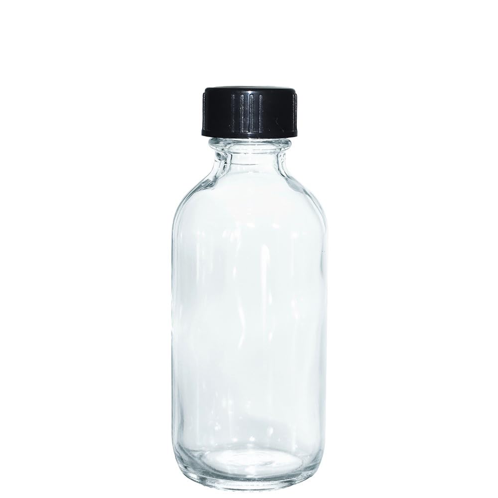 GlassBottleOutlet (Pack of 80) 2 oz. Clear Boston Round with Black Poly Cone Cap