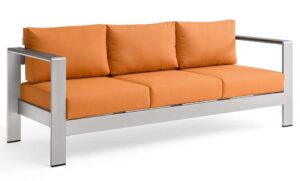 modway shore aluminum metal outdoor patio sofa with silver orange all-weather cushions