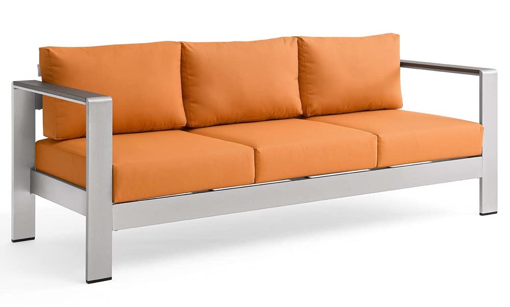 Modway Shore Aluminum Metal Outdoor Patio Sofa With Silver Orange All-Weather Cushions