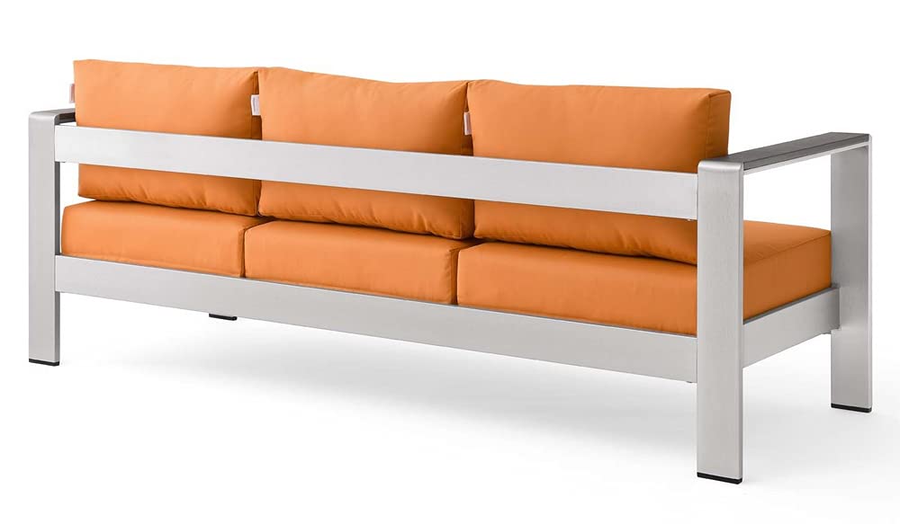 Modway Shore Aluminum Metal Outdoor Patio Sofa With Silver Orange All-Weather Cushions