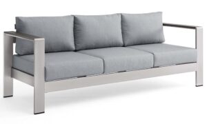 modway shore aluminum metal outdoor patio sofa with silver gray all-weather cushions