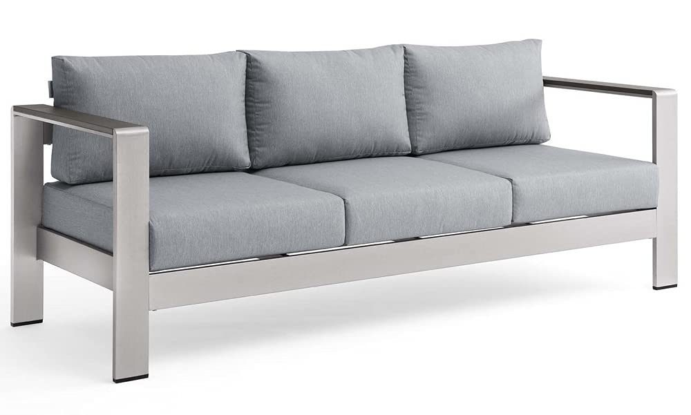 Modway Shore Aluminum Metal Outdoor Patio Sofa With Silver Gray All-Weather Cushions