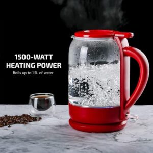 OVENTE Electric Glass Kettle 1.5 Liter 1500W Instant Hot Water Boiler Heater with ProntoFill Tech, Boil-Dry Protection, Automatic Shut Off, Fast Boiling for Tea & Coffee, Red KG516R