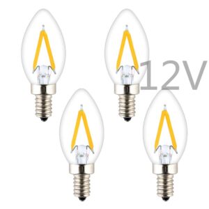 opalray c7 12v-24v dc 1w led mini candle bulb, 12 volts low voltage input, rv lighting cabin light, warm white 2700k, 150lm 15w incandescent equivalent, for 12volt power, mini torpedo shape, 4-pack