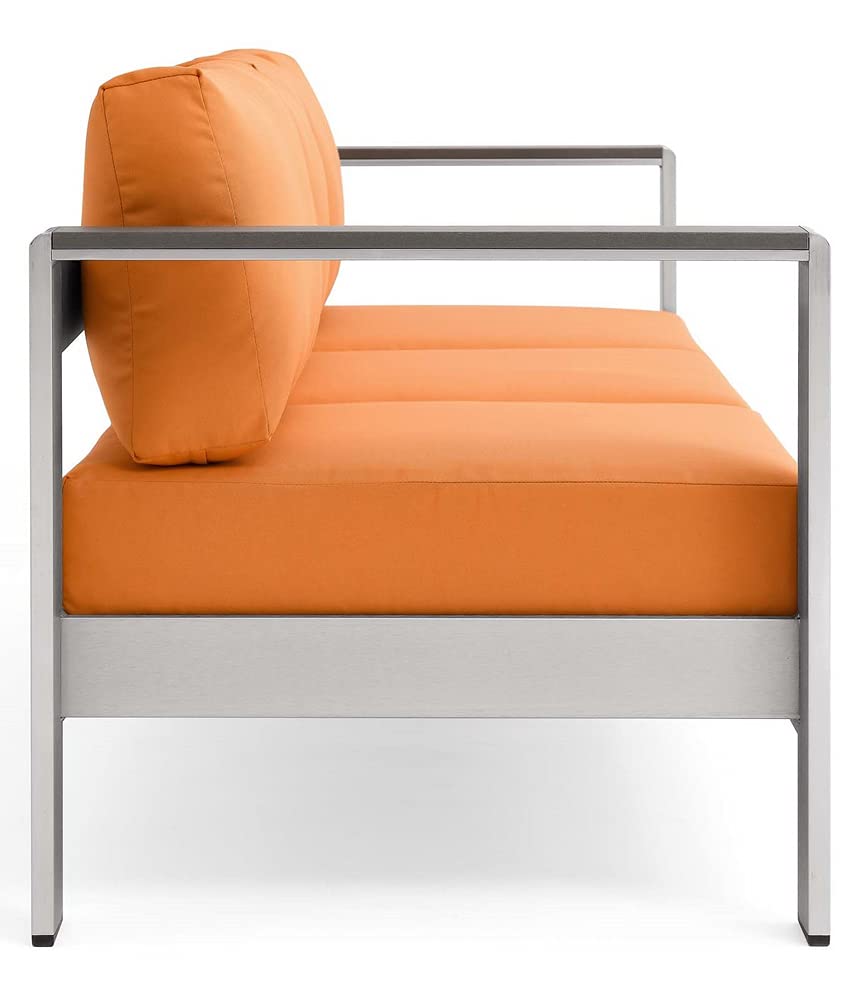 Modway Shore Aluminum Metal Outdoor Patio Sofa With Silver Orange All-Weather Cushions