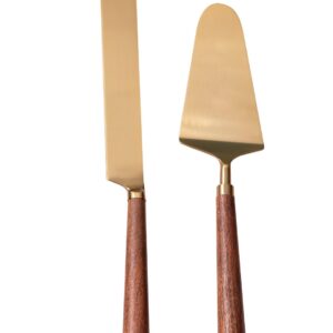 nestroots Cake Cutting Knife Server Serrated Knife Set Of 2 Dessert Server Gold With Mango Wood Handle