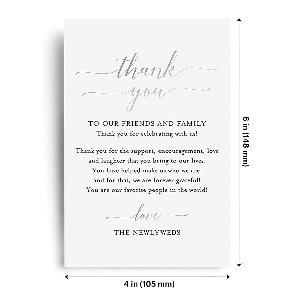 Bliss Collections Wedding Reception Thank You Cards, Pack of 50 Real SILVER Foil Cards, Great Addition to Your Table Centerpiece, Place Setting, Wedding Decorations, Each Card is 4x6, Made in the USA