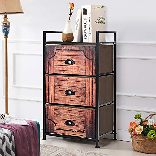 Tangkula 3 Drawer Dresser, Vertical Dresser Storage Tower with Fabric Drawers and Steel Frame, Industrial Wood Look Organizer Unit for Closet Entryway, Retro Freestanding Dresser