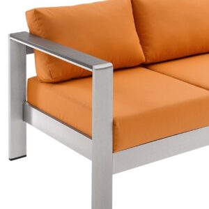 Modway Shore Aluminum Metal Outdoor Patio Sofa With Silver Orange All-Weather Cushions