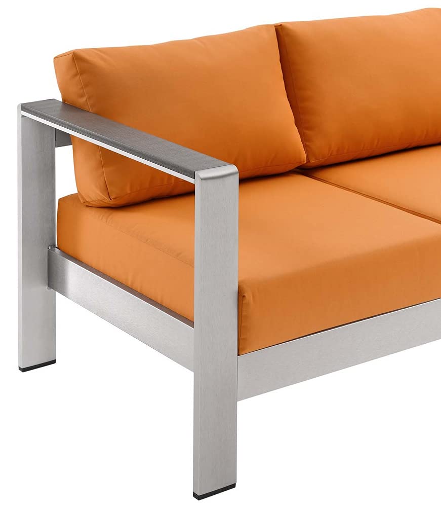 Modway Shore Aluminum Metal Outdoor Patio Sofa With Silver Orange All-Weather Cushions