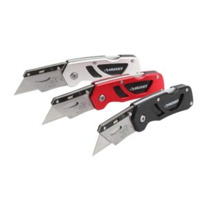 husky utility knife set 3-piece, utility knife blades with folding sure-grip lock back utility knives, quick-change mechanism heavy duty utility knife blades