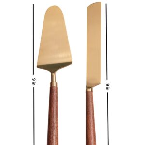 nestroots Cake Cutting Knife Server Serrated Knife Set Of 2 Dessert Server Gold With Mango Wood Handle