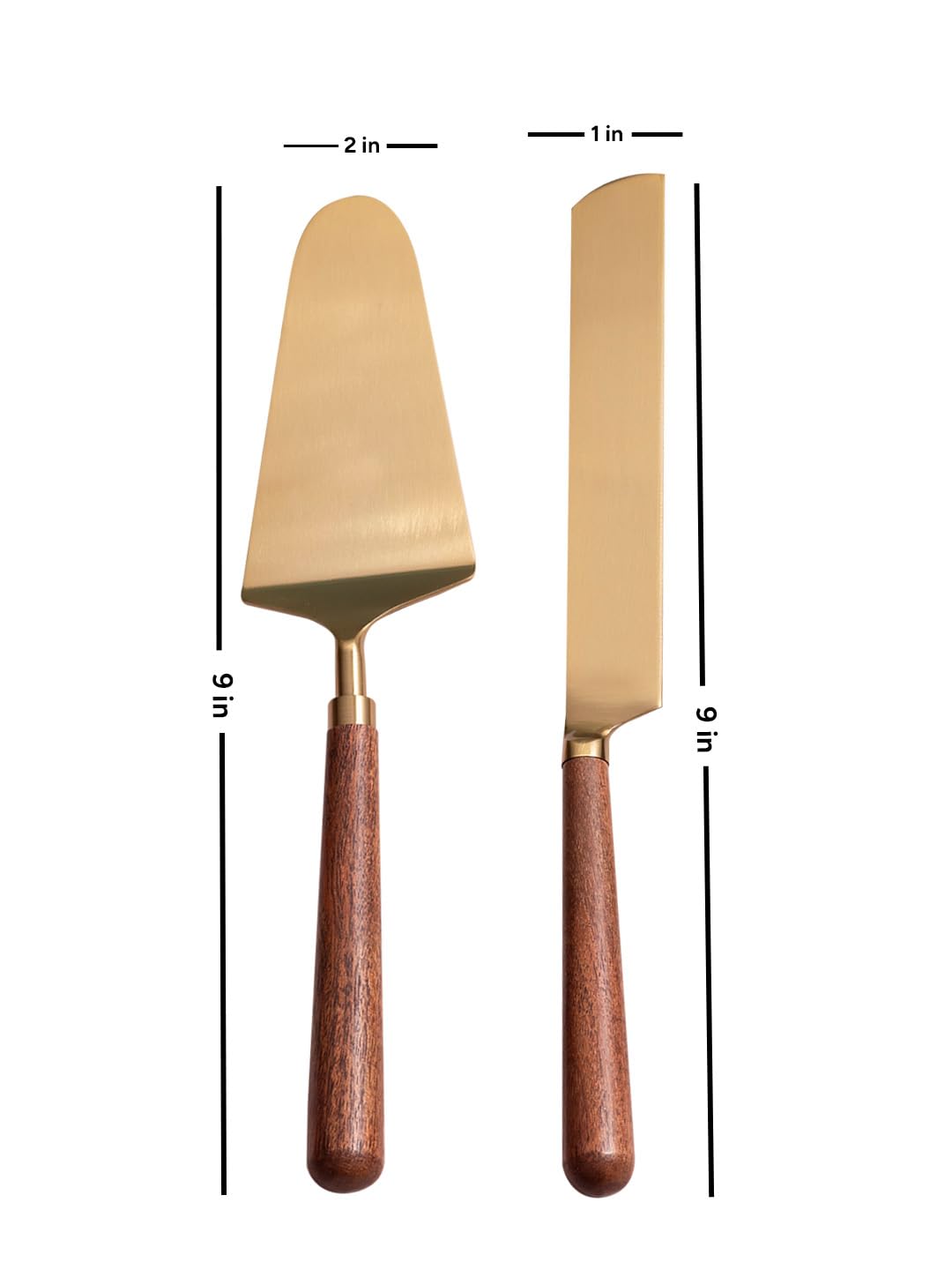 nestroots Cake Cutting Knife Server Serrated Knife Set Of 2 Dessert Server Gold With Mango Wood Handle