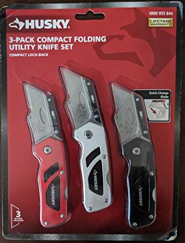 Husky Utility Knife Set 3-Piece, Utility Knife Blades with Folding Sure-Grip Lock Back Utility Knives, Quick-Change Mechanism Heavy Duty Utility Knife Blades