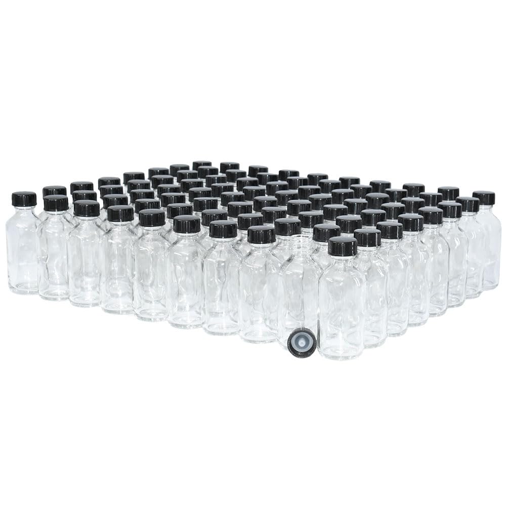 GlassBottleOutlet (Pack of 80) 2 oz. Clear Boston Round with Black Poly Cone Cap