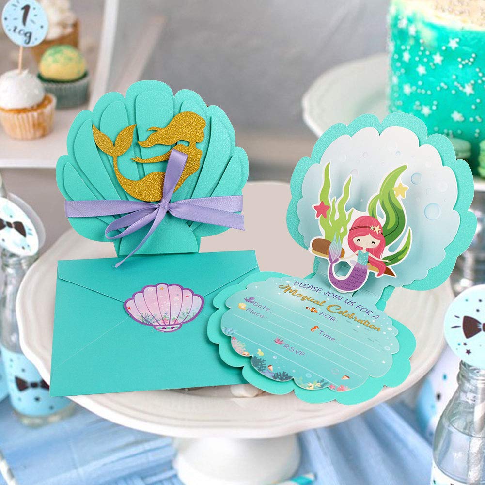 OurWarm 24pcs Mermaid Party Invitations, 3D Pearlescent Mermaid Birthday Party Supplies with Envelopes for Kids Girls Birthday Wedding Baby Shower Pool Mermaid Themed Party Supplies