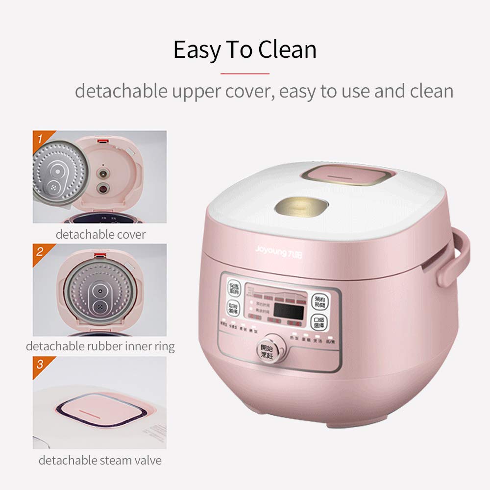 Joyoung Smart Rice Cooker JYF-20FS987M Mini Multi-use with Timer for Cooking, Soups, Stew, 2L,Pink