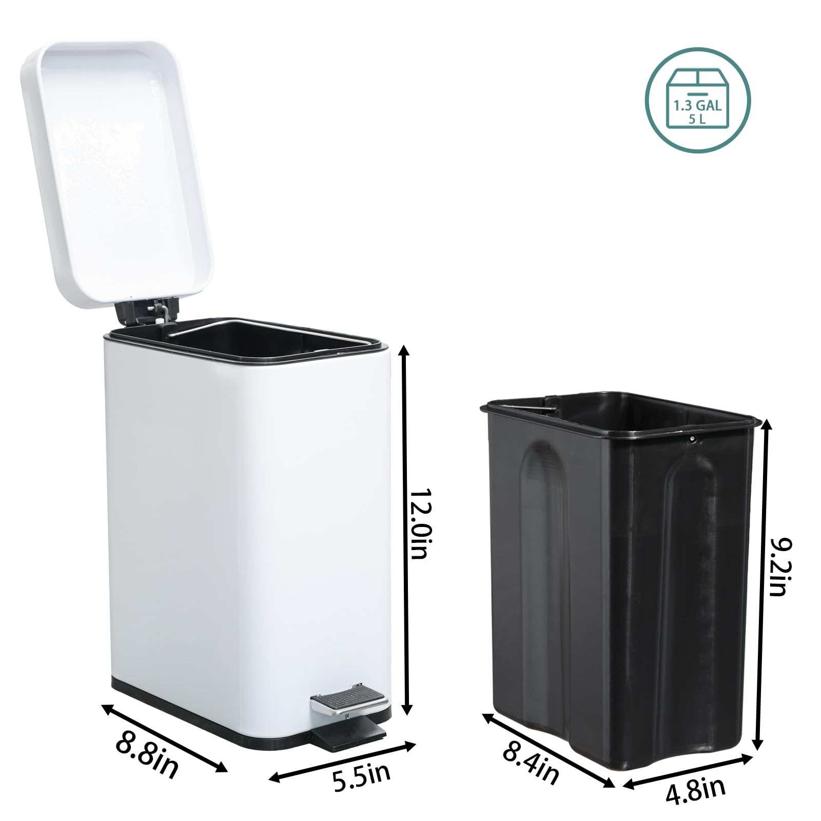 1.3 Gallon- Rectangular Small Steel Step Trash Can Wastebasket,Stainless Steel Bathroom Slim Profile Trash Can,5 Liter Garbage Container Bin for Bathroom,Living Room,Office and Kitchen,White