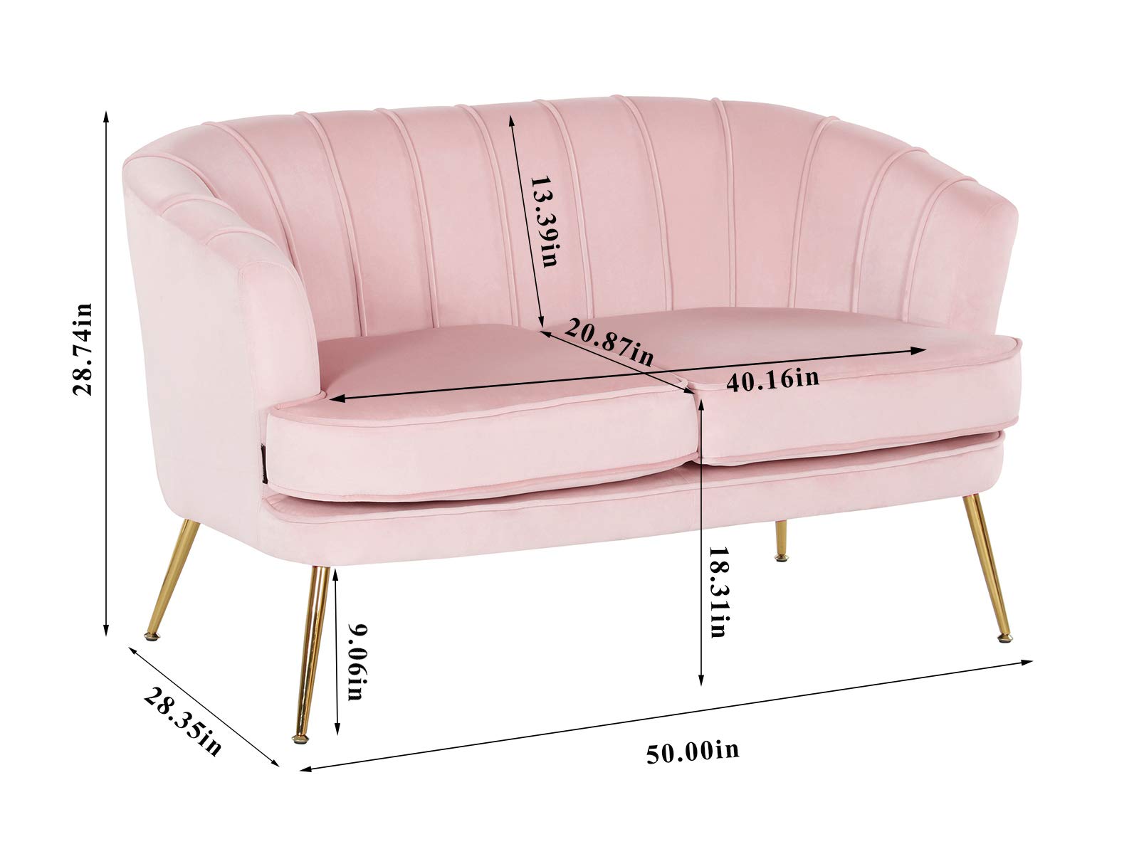 Artechworks Contemporary Velvet Loveseat Chair with Gold-Finished Metal Legs, 2-Seat Sofa for Living Room, Bedroom, Home Office, Pink