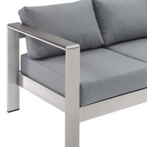 Modway Shore Aluminum Metal Outdoor Patio Sofa With Silver Gray All-Weather Cushions