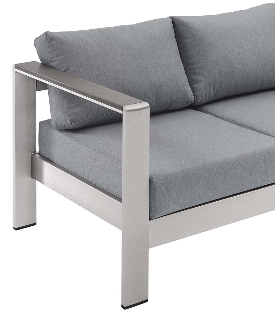 Modway Shore Aluminum Metal Outdoor Patio Sofa With Silver Gray All-Weather Cushions