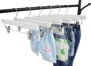 topia hanger 11.8 inch white wooden pants skirt hangers for kids baby toddler children, extra thick chrome hooks & anti-wrinkle premium flat clips 10 pack ct09pw