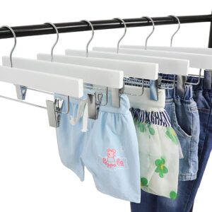 TOPIA HANGER 11.8 Inch White Wooden Pants Skirt Hangers for Kids Baby Toddler Children, Extra Thick Chrome Hooks & Anti-Wrinkle Premium Flat Clips 10 Pack CT09PW