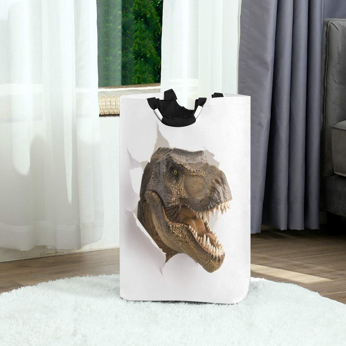 SUABO Laundry Hamper Round Storage Dinosaur T-Rex Through The Paper Wall Large Storage Basket Clothes Laundry Hamper Toy Books Holder Collapsible Basket