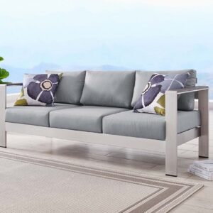 Modway Shore Aluminum Metal Outdoor Patio Sofa With Silver Gray All-Weather Cushions