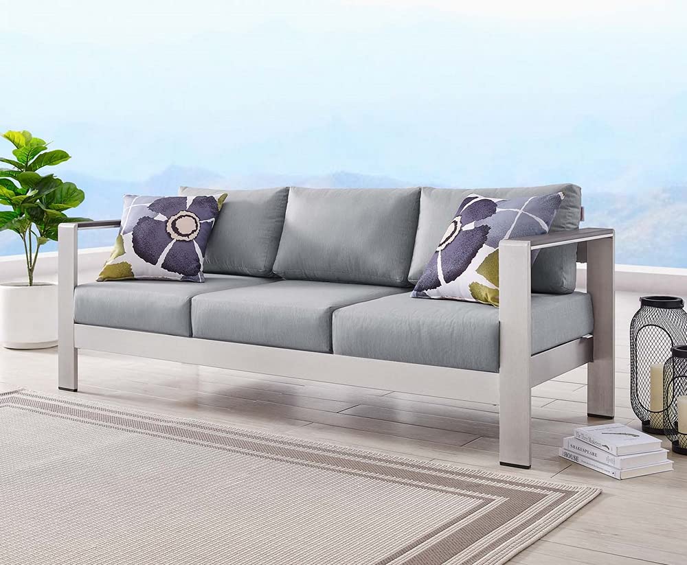 Modway Shore Aluminum Metal Outdoor Patio Sofa With Silver Gray All-Weather Cushions