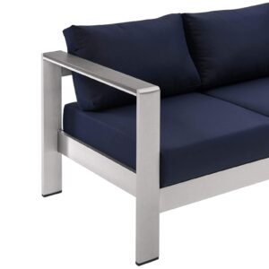 Modway Shore Aluminum Metal Outdoor Patio Sofa With Silver Navy All-Weather Cushions