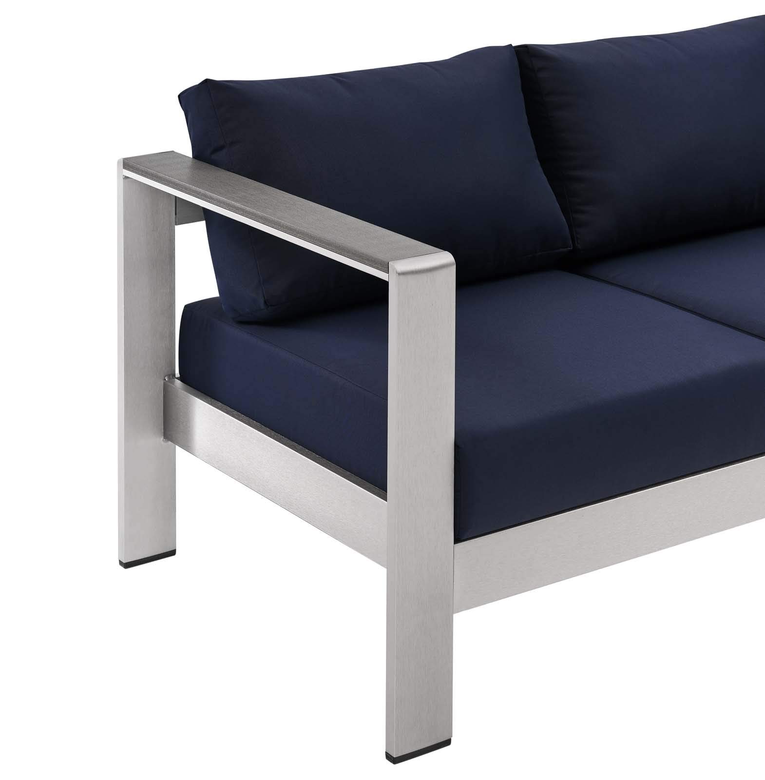 Modway Shore Aluminum Metal Outdoor Patio Sofa With Silver Navy All-Weather Cushions