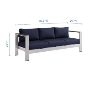 Modway Shore Aluminum Metal Outdoor Patio Sofa With Silver Navy All-Weather Cushions