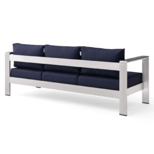 Modway Shore Aluminum Metal Outdoor Patio Sofa With Silver Navy All-Weather Cushions