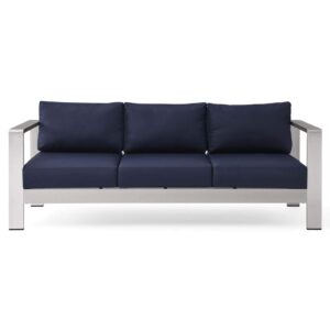 Modway Shore Aluminum Metal Outdoor Patio Sofa With Silver Navy All-Weather Cushions