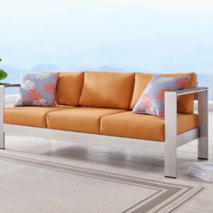 Modway Shore Aluminum Metal Outdoor Patio Sofa With Silver Orange All-Weather Cushions