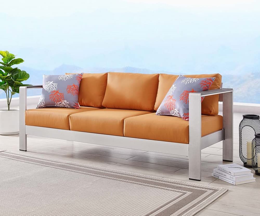 Modway Shore Aluminum Metal Outdoor Patio Sofa With Silver Orange All-Weather Cushions