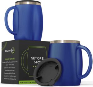 chillout life stainless steel insulated coffee mugs set of 2 (14oz) – double wall coffee cups with spill resistant lid & strong handle – shatterproof cups for cold drinks & hot beverages