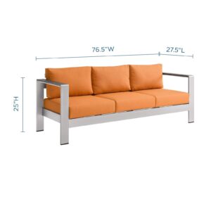 Modway Shore Aluminum Metal Outdoor Patio Sofa With Silver Orange All-Weather Cushions