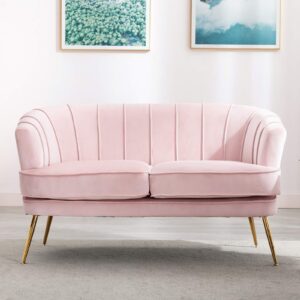 Artechworks Contemporary Velvet Loveseat Chair with Gold-Finished Metal Legs, 2-Seat Sofa for Living Room, Bedroom, Home Office, Pink