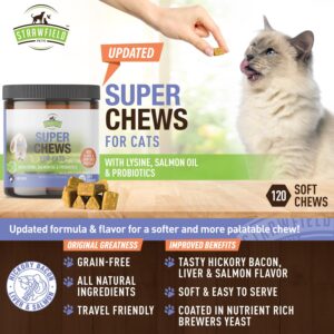 Strawfield Pets Super Chews for Cats - Lysine, Probiotics, Omega 3 Fish Oil (Salmon Oil), Catnip - Supports Immune, Gut, Skin & Joint Health - 120 Hickory Bacon Salmon & Liver Flavored Softchews