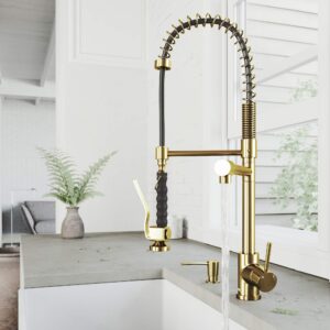 VIGO VG02007MGK2 27" H Zurich Single-Handle with Pull-Down Sprayer Kitchen Faucet with Soap Dispenser in Matte Gold