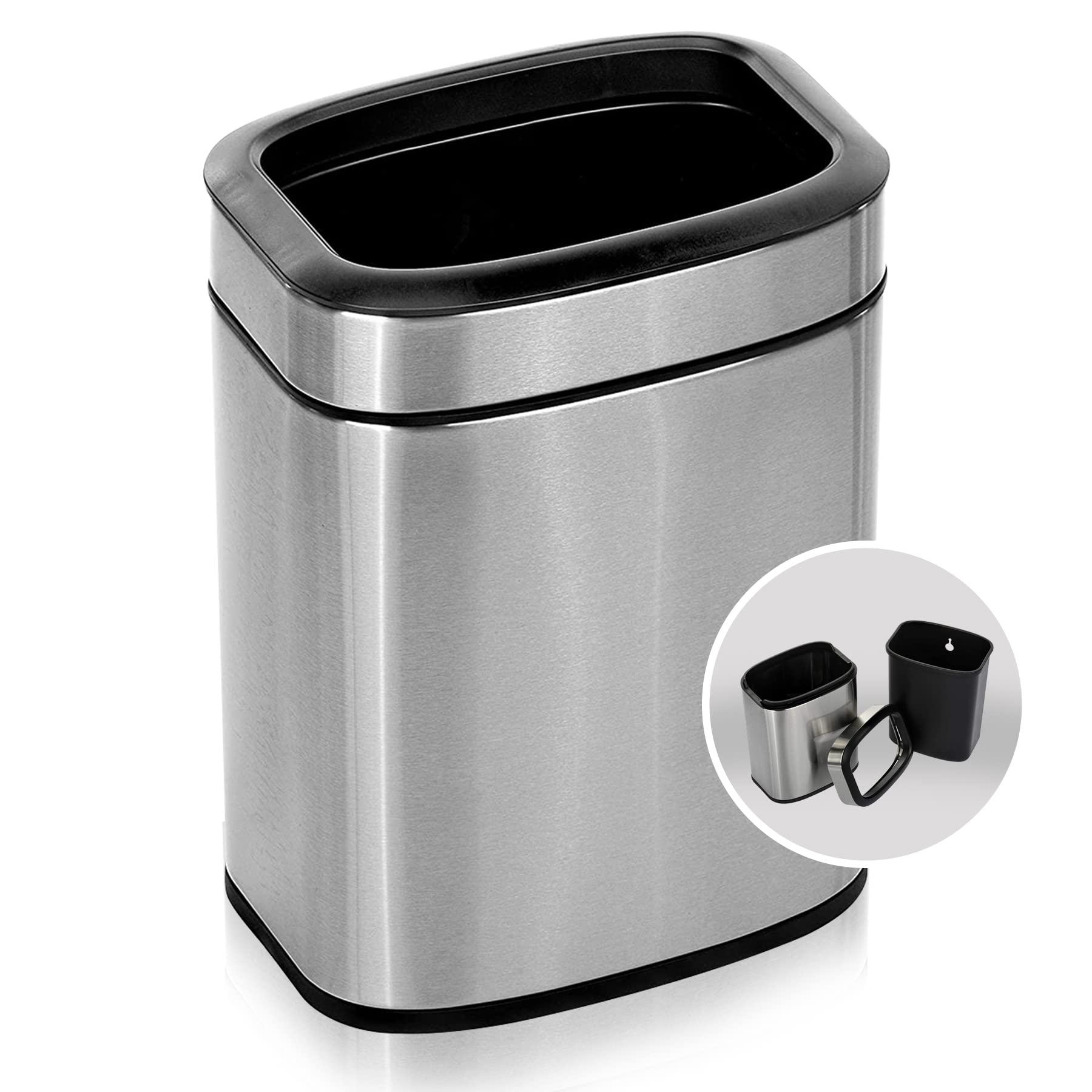 Alpine 6 L Stainless Steel Slim Open Trash Can - Compact Garbage Bin - Wide Access Top Slender Durable Receptacle with Sturdy Plastic Liner (1.6 Gal)